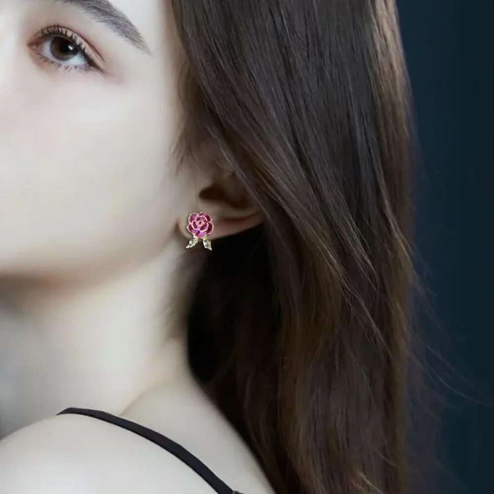 Jewelry | Purple Rose Earrings With Cubic Zirconia And Leaf Design For ...